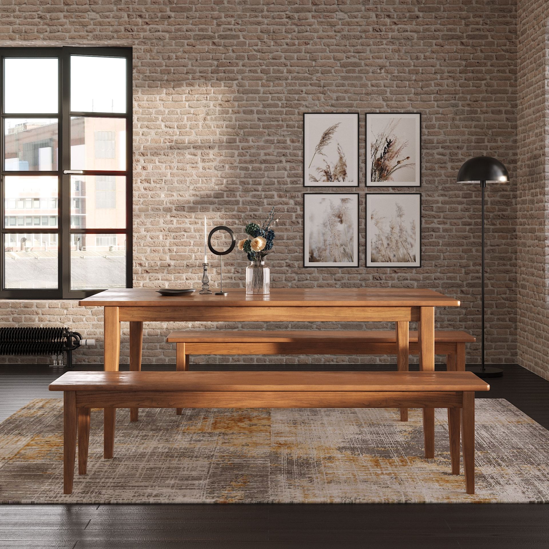 Esszimmerserie ARAVELLO: Tische und Bänke aus recyceltem Ulmenholz ...
